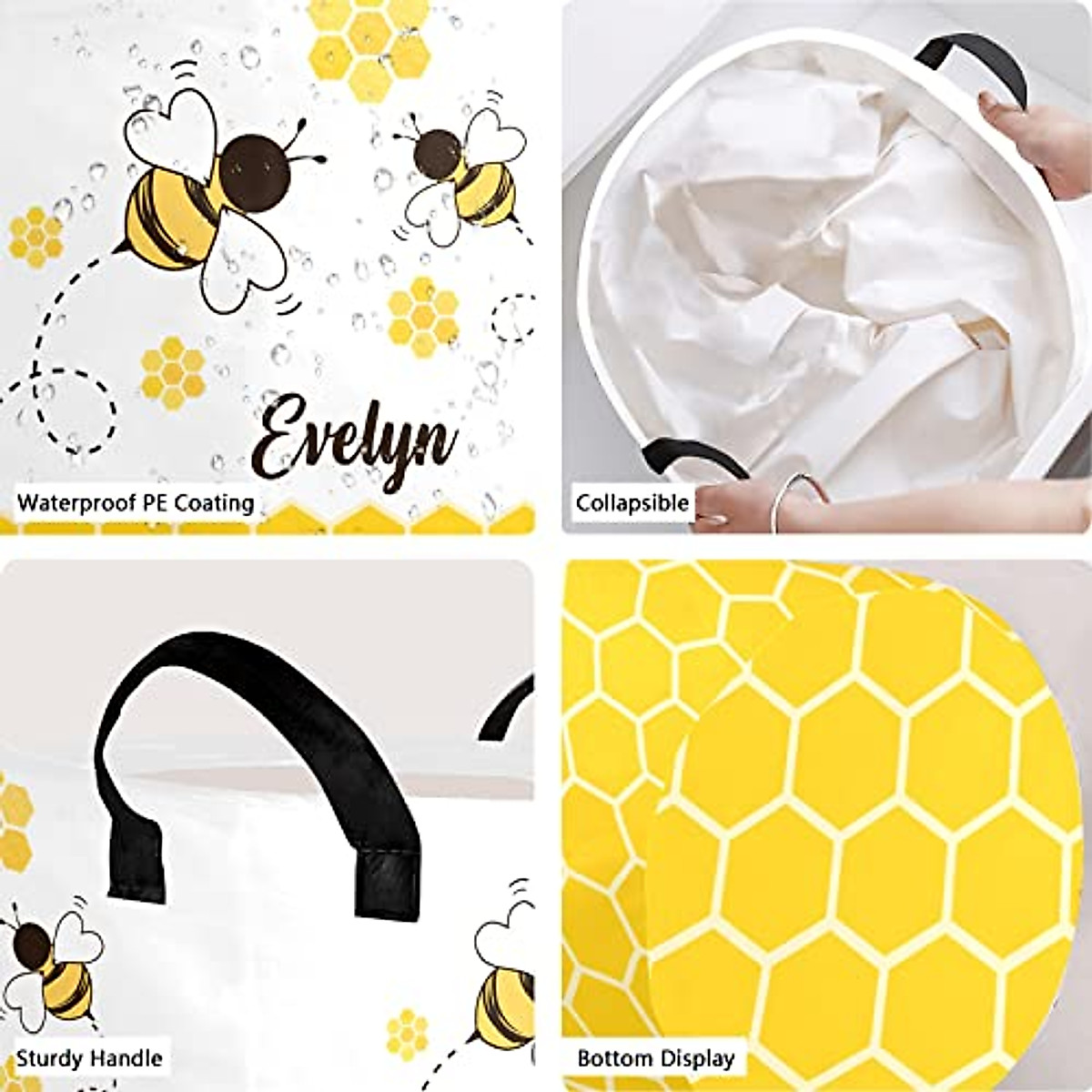 Personalized Laundry Basket Hamper,Bee Honeycomb Yellow,Collapsible Storage Baskets with Handles for Kids Room,Clothes, Nursery Decor