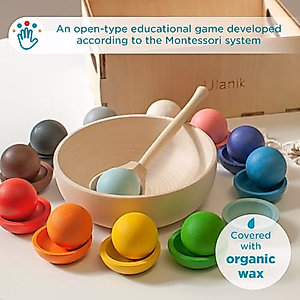 Ulanik Balls on Plates Toddler Montessori Toys for 1+ Year Old Kids Wooden Matching Game for Learning Color Sorting and Counting — 12 Balls, 1.18 in
