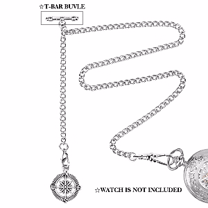 SIBOSUN Pocket Watch Albert Chain T Bar & Lobster Clasps Watch Chain Vest Chain for Men Curb Link Chain 2 Hooks with Antique Compass Pendant Design Charm Fob T-Bar Chain Silver