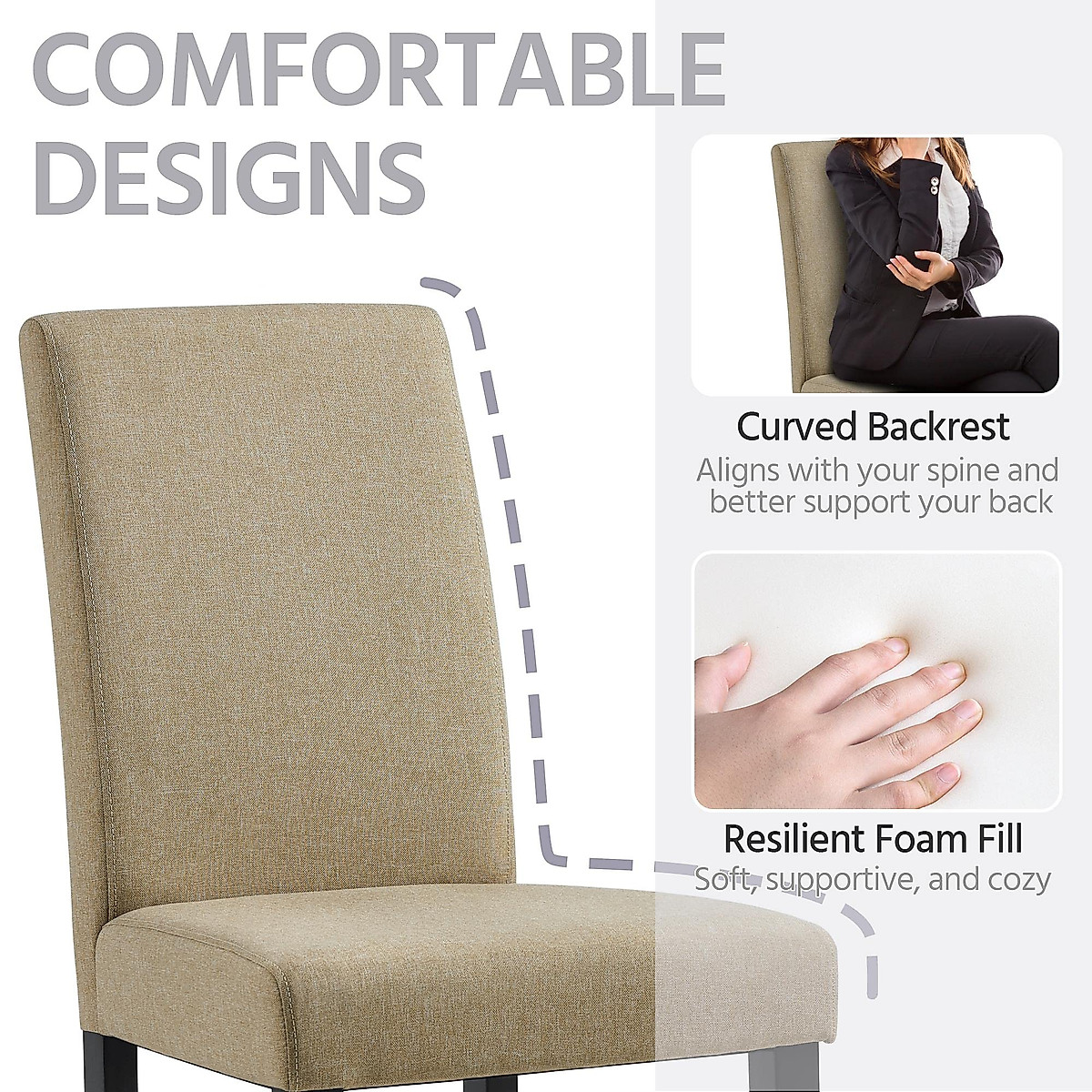 Yaheetech Dining Chair Fabric Parson Chair Modern Stylish Upholstered Kitchen Living Room Padded Chair Armless Side Chair with Solid Wood Legs Set of 4, Khaki