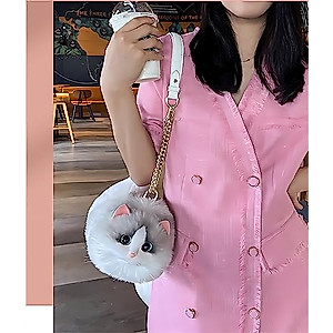 HUIJUFU Realistic Puffy Plush Cat Shaped Crossbody Handbag for Women（White gray）