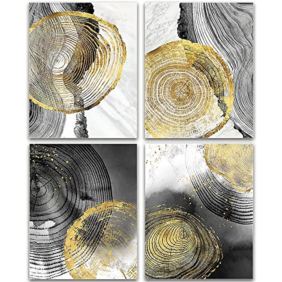 Black and Gold Annual Rings Wall Art, Tree Ring Art Prints, Retro Abstract Minimalist Annual Ring Art Canvas Painting for Living Room Bedroom Kitchen Office Wall Decor, Set of 4 (8"X10" Unframed)