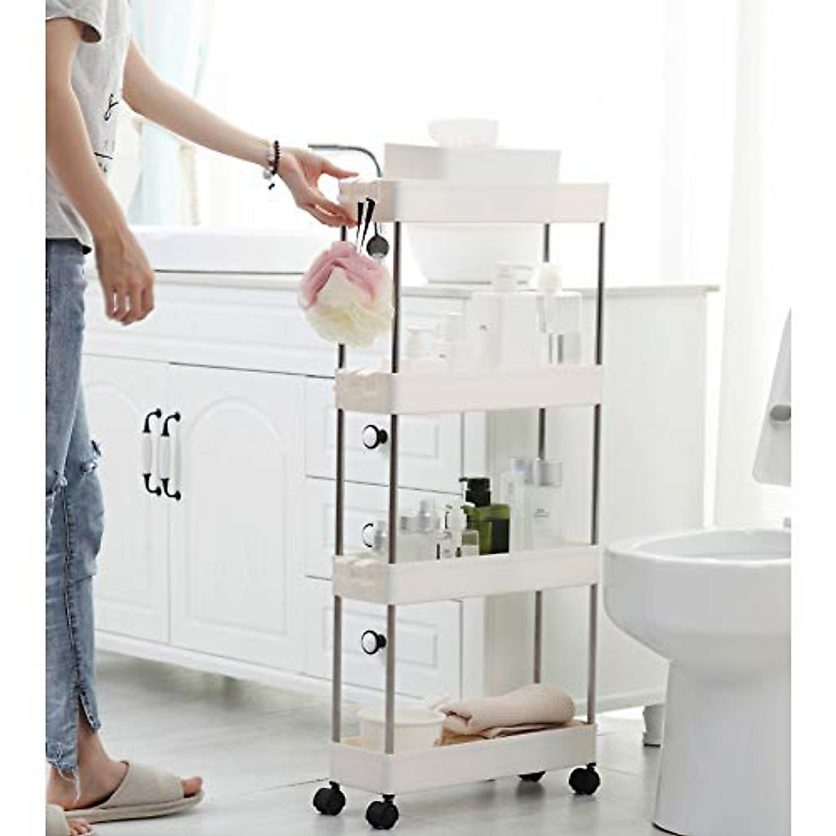 Modern Home 4 Tier Narrow Sliding Storage Organizer Rack - Laundry/Bathroom/Kitchen Rolling Cart (White)