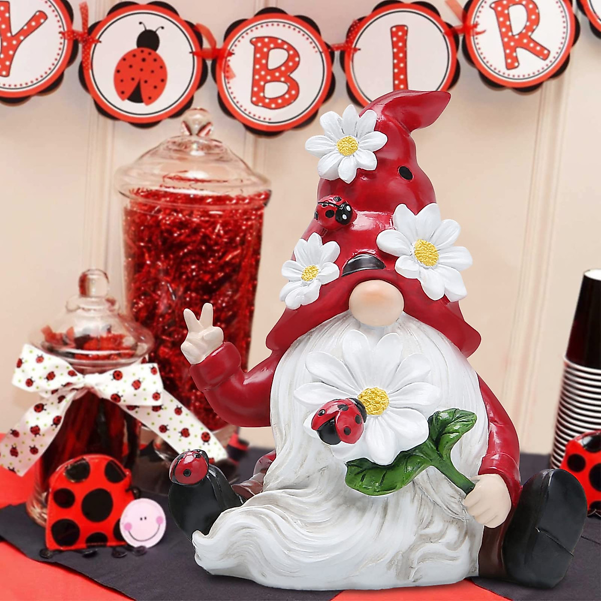 Hodao Ladybug Gnomes 6" H Ladybug Kitchen Tiered Tray Decor Ladybird Gnomes Resin Swedish Tomte Scandinavian Figurine Spring Summer Decorations Indoor Home Decor