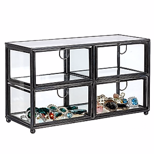 MyGift Glass Jewelry Box, 4-Drawer Vintage Black Metal & Clear Jewelry Storage Organizer, Decorative Keepsake Display Box