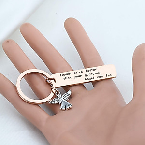 PLITI Never Drive Faster Than Your Guardian Angel Can Fly Keychain Guardian Angel New Driver Driving License Key Chain Father’s Day Gift (ECI Never drive RG)