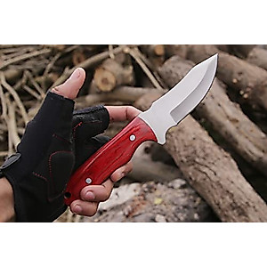 Exemplary Knives 9'' Handmade Fixed Blade knife with Cowhide Leather Sheath with integrated belt loop Stainless Steel Blade and Highly Polishing Red Pakkawood handle with Comfortable Grip for Outdoor Hunting, Hiking, Skinning, Camping and Bushcrafting.