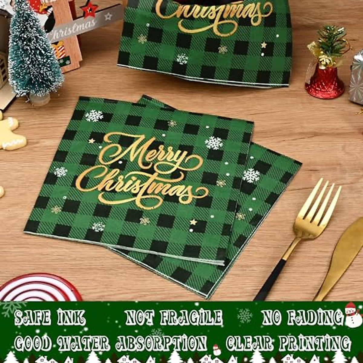 Homlouue 200 PCS Christmas Paper Plates and Napkins, Merry Christmas Disposable Dinnerware Set, Green and Black Plaid Paper Plates Christmas Party Supplies, Cute Cartoon Santa Snowman Plates Serves 50