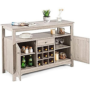 ReunionG Buffet Sideboard, Wine Console Table, Wooden Kitchen Organizer w/2 Cabinets, 1 Drawer and 9 Wine Cabinets, Farmhouse Storage Cupboard, Wine Rack, Server Table, Dining Room Furniture (Gray)
