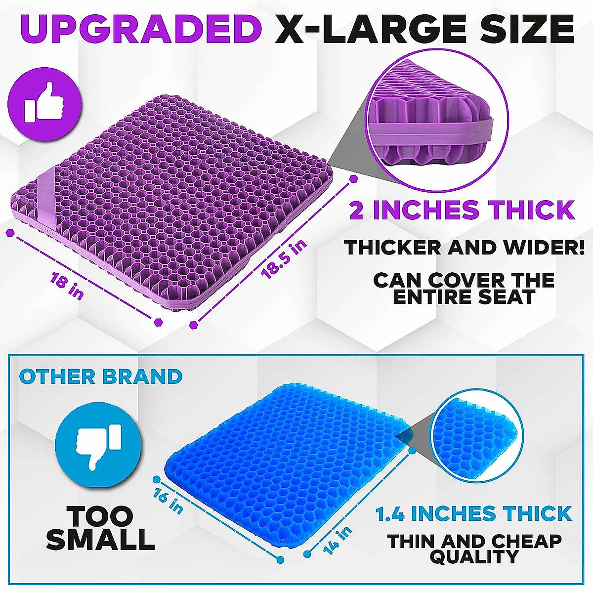 GRÄVEND Extra Large Gel Seat Cushion for Long Seating Pressure Relief, 2" Inch Thick Office Chair Cushion, Car Seat Driver, Wheelchairs Egg Sitting pad for Hip & Back Pain, Non Slip Ties