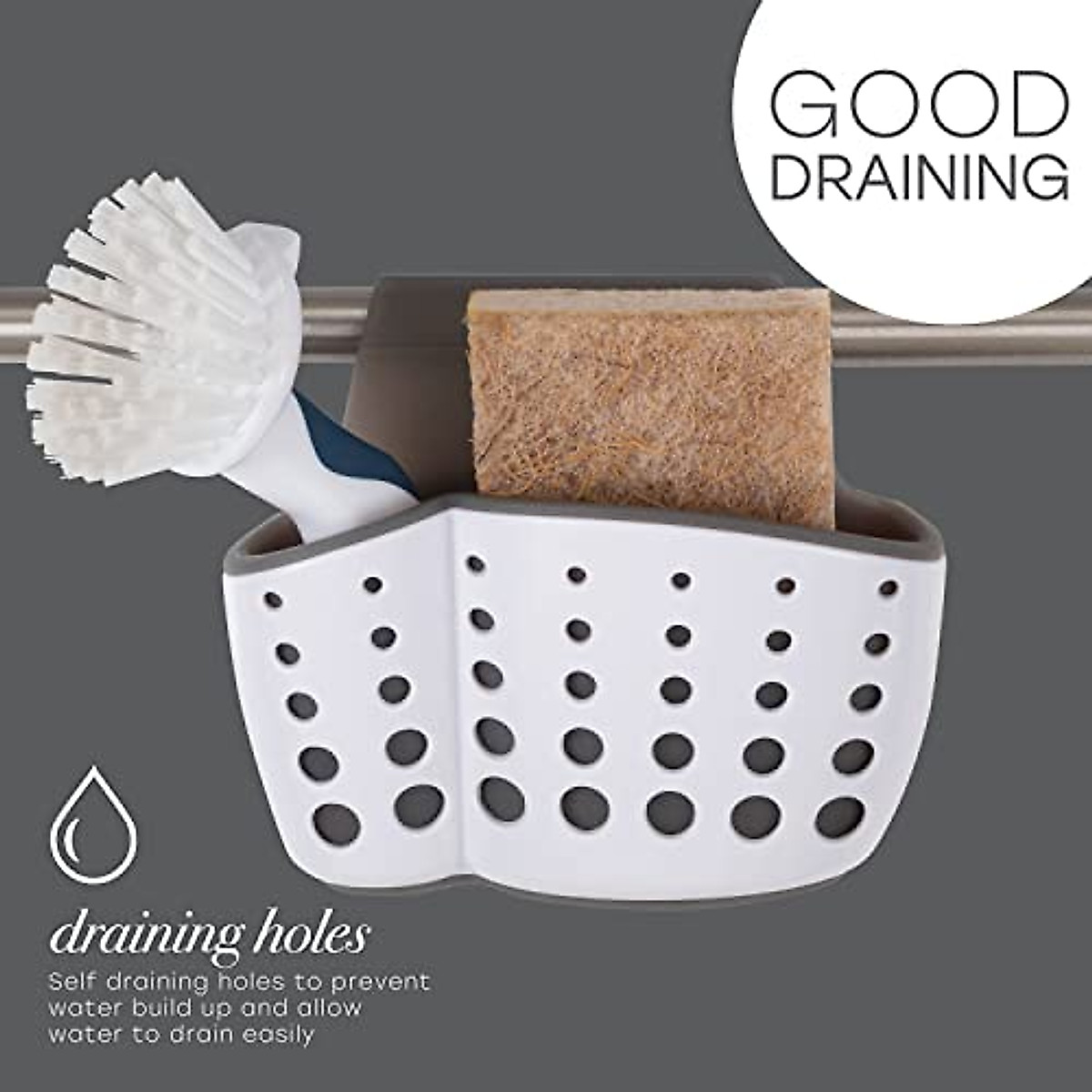 Kitchen Details 2-in-1 Sponge & Brush Holder | Space Saving | Adjustable Over The Sink | Kitchen Organization | Self-Draining | Dish Sponge | Grey and White