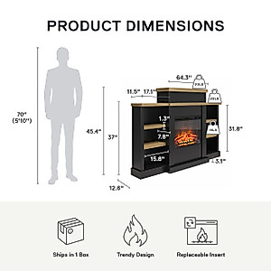 Ameriwood Home Gateswood 64 Inch Electric Fireplace with Mantel, Replaceable Fireplace Insert Heater, Shelves, Remote Control, Timer, Realistic Log and Flame Effect, Black