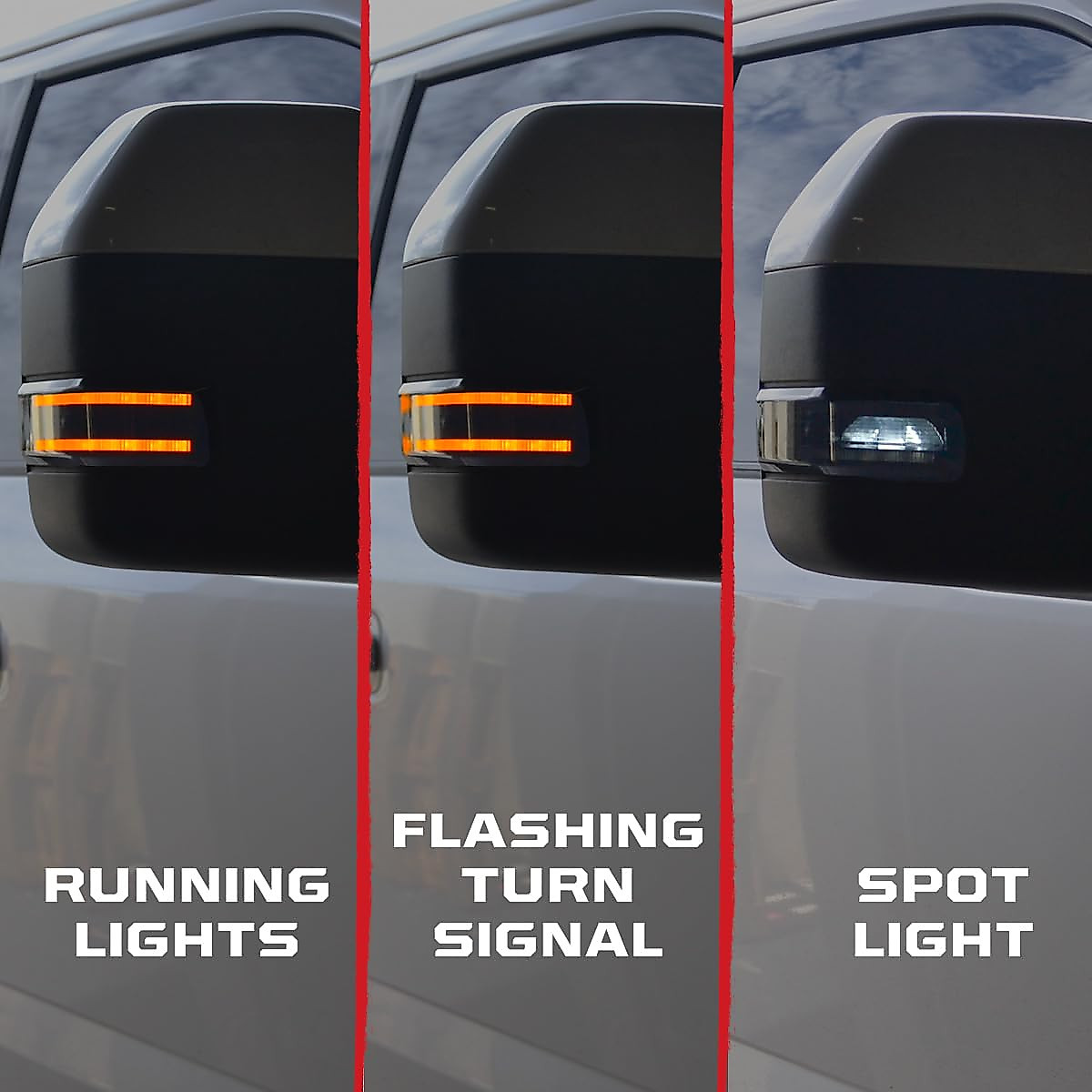 RECON Ford 17-24 Super Duty F250/F350/F450 Side Mirror Lenses (2-Piece Set) w/Amber LED Running Lights, Amber Blinking LED Turn Signals & White LED Spot Lights - Smoked Lens