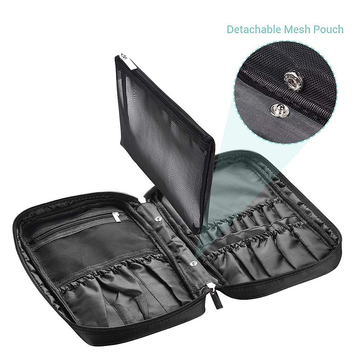 BYOOTIQUE Makeup Brush Bag Organizer Portable Multi Brush Holder Makeup Hand Bag Cosmetic Organizer Detachable Pouch Storage Case for Travel Home, Black