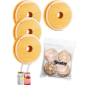 16oz Beer Can Lids Bamboo Lids with Straw Hole Glass Lids for Beer Can Jar Lid for Drinking Glasses, Glasses and Straw Not Included (4 Pieces)