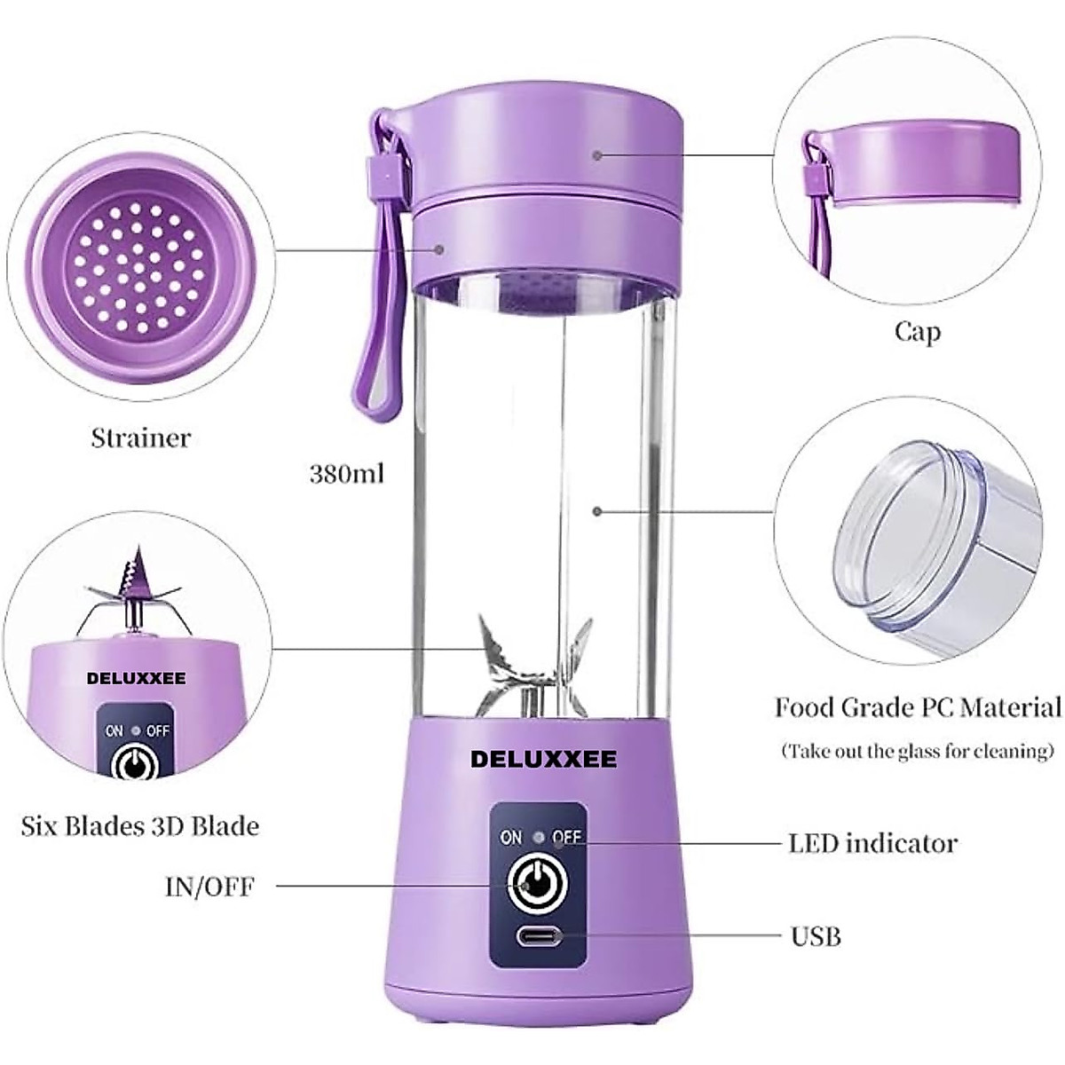 Portable Blender,Personal Blender for Shakes and Smoothies,Personal Size Blenders with USB Rechargeable Mini Fruit Juice Mixer, Mini Juicer Smoothie Blender Bottles Travel 380ML (Purple, 380 ml)