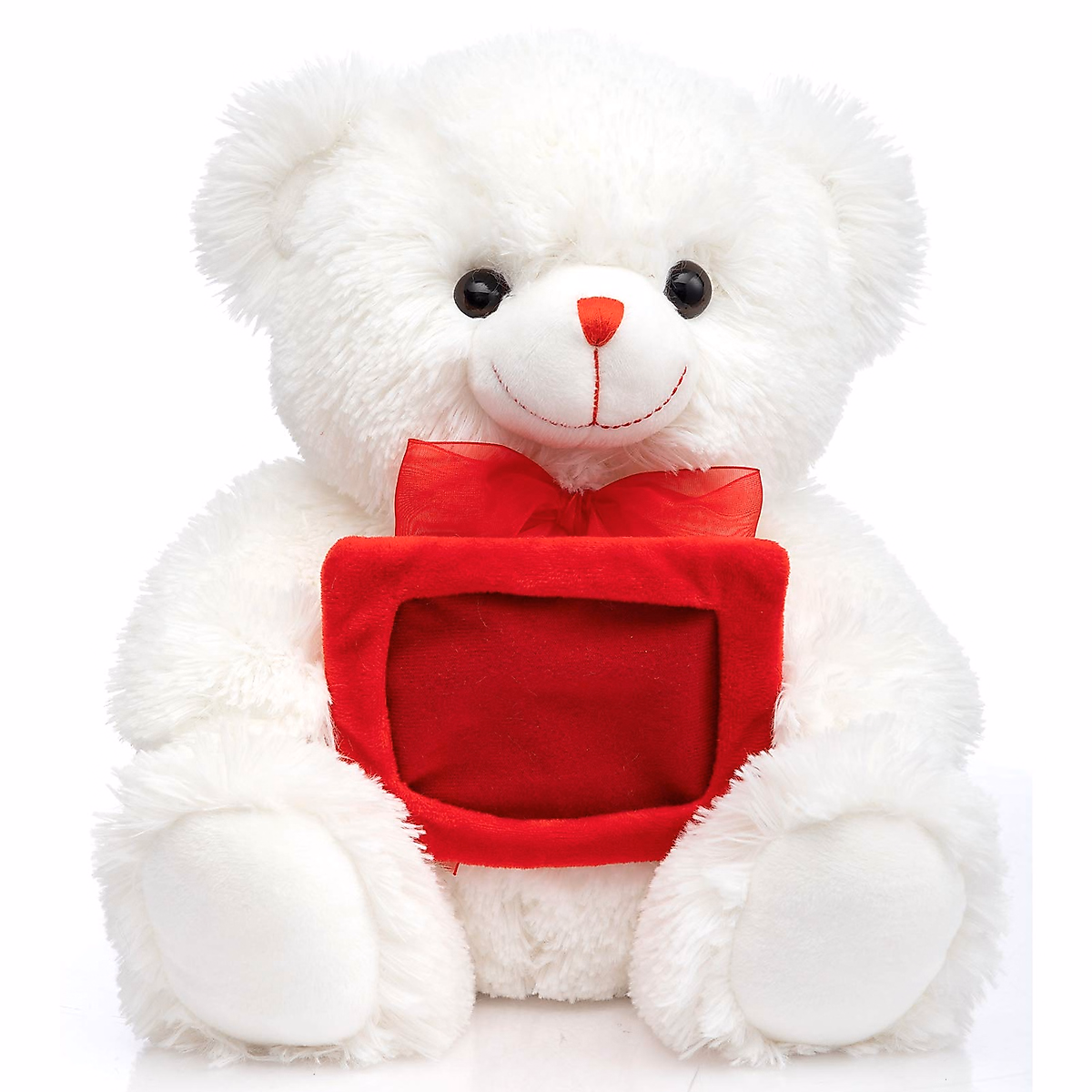 HollyHOME Teddy Bear Stuffed Animal Plush Bear with Red Bow Holding a Picture Frame Soft Plush Toy Christmas Valentine's Day Gift 12 Inches White