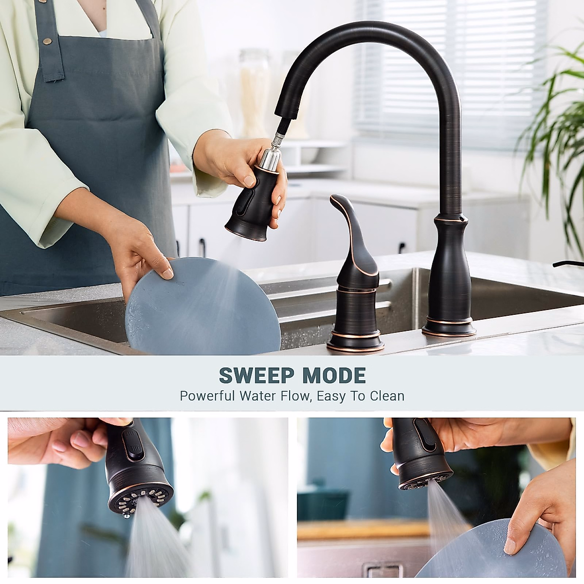 APPASO 3 Hole Kitchen Faucet, Bronze Kitchen Sink Faucet with Pull Down Sprayer 3 Modes, Oil Rubbed Bronze Kitchen Faucet with Soap Dispenser and Separate Handle, Kitchen Faucet 3 Pieces, Zinc Alloy