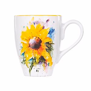 DEMDACO Dean Crouser Sunflower Watercolor Yellow On White 16 Ounce Glossy Stoneware Mug With Handle