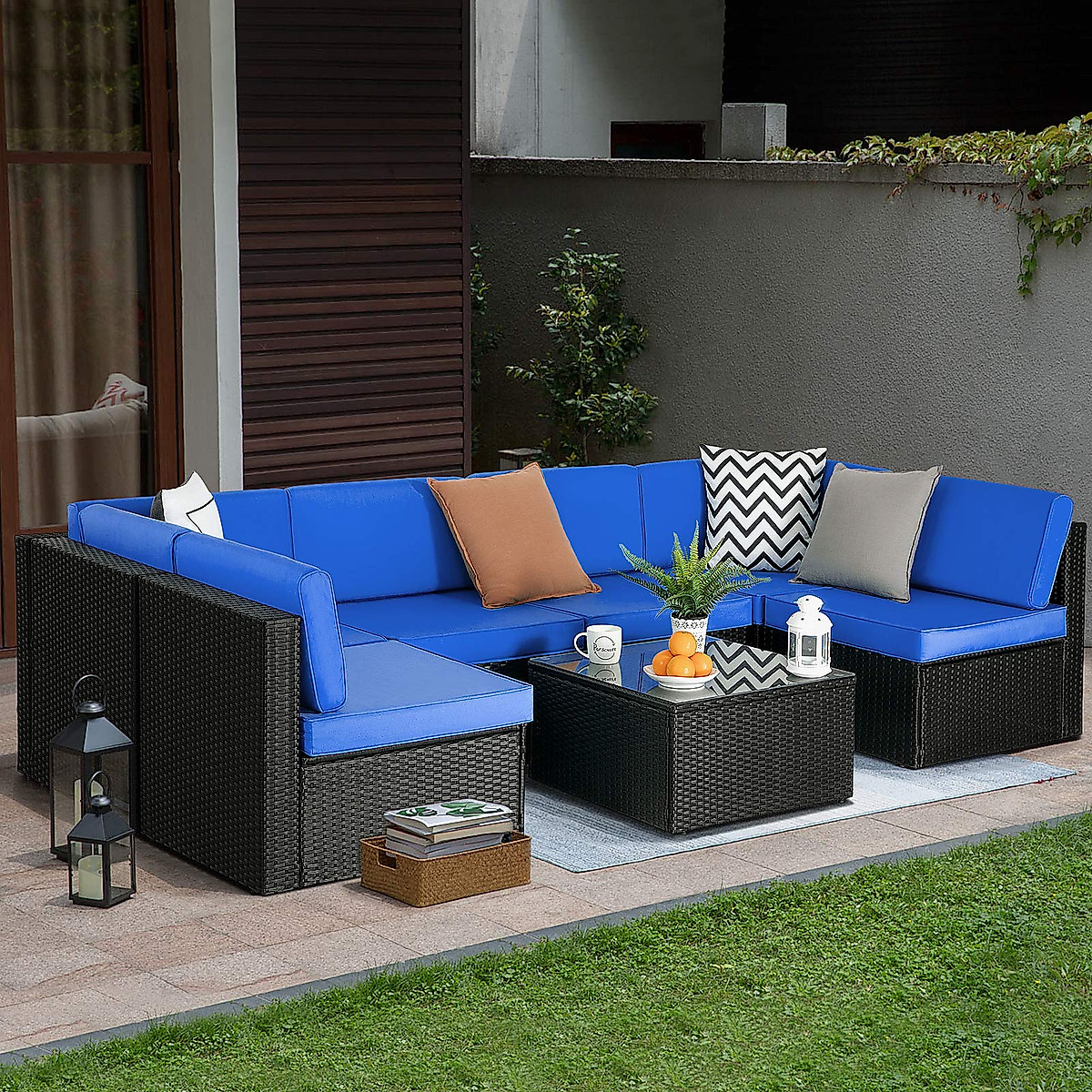 Waleaf 7 Pieces Outdoor Furniture Rattan Sectional Patio Sofa, Outdoor Indoor Backyard Porch Garden Poolside Balcony Wicker Conversation Set with Table (Dark Blue)