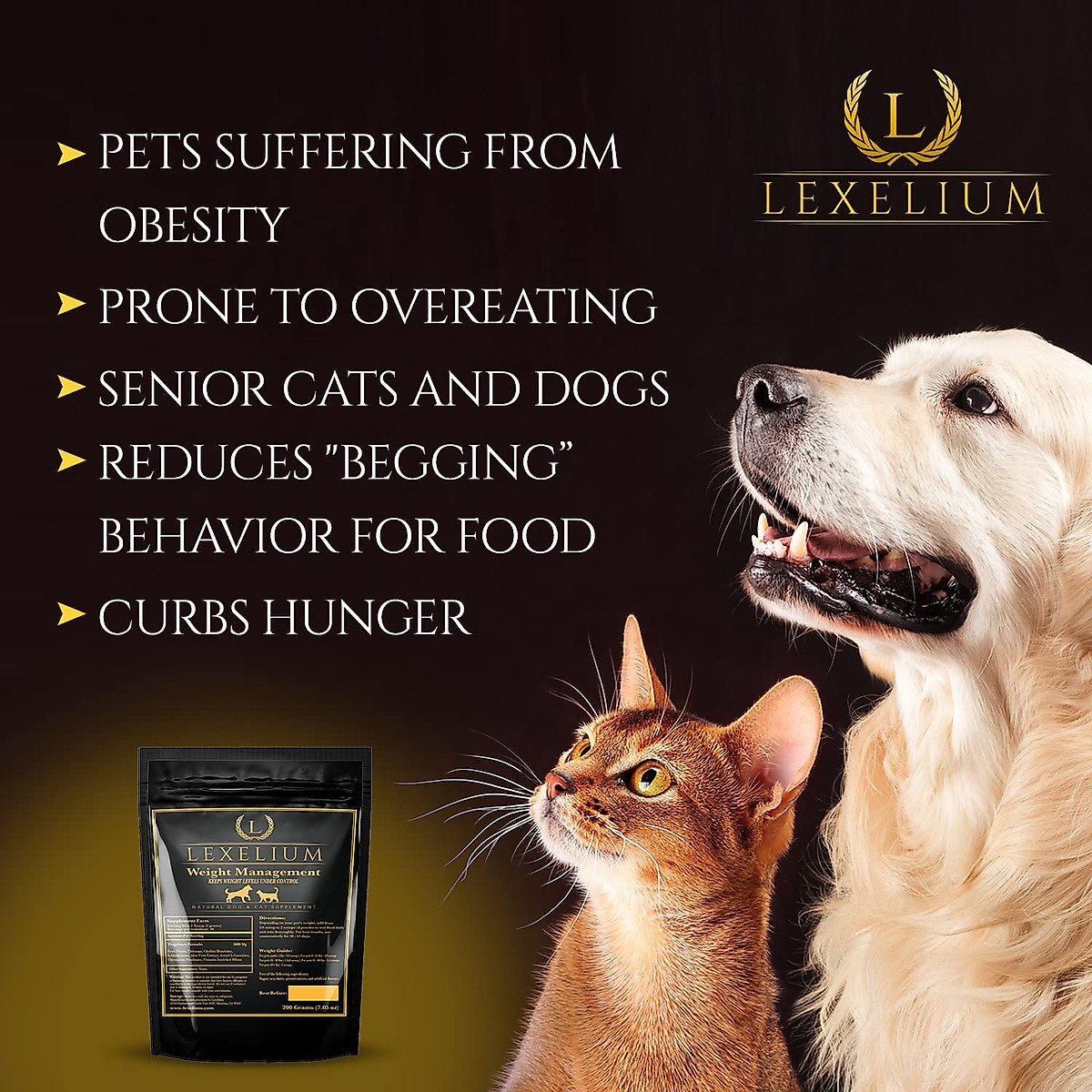 Lexelium Organic Weight Management Supplement for Cats & Dogs | 100% Natural Pet Supplement Powder | Helps with Weight Loss & Curbing Appetite | Keeps Cats and Dogs from Overeating | 200 Grams
