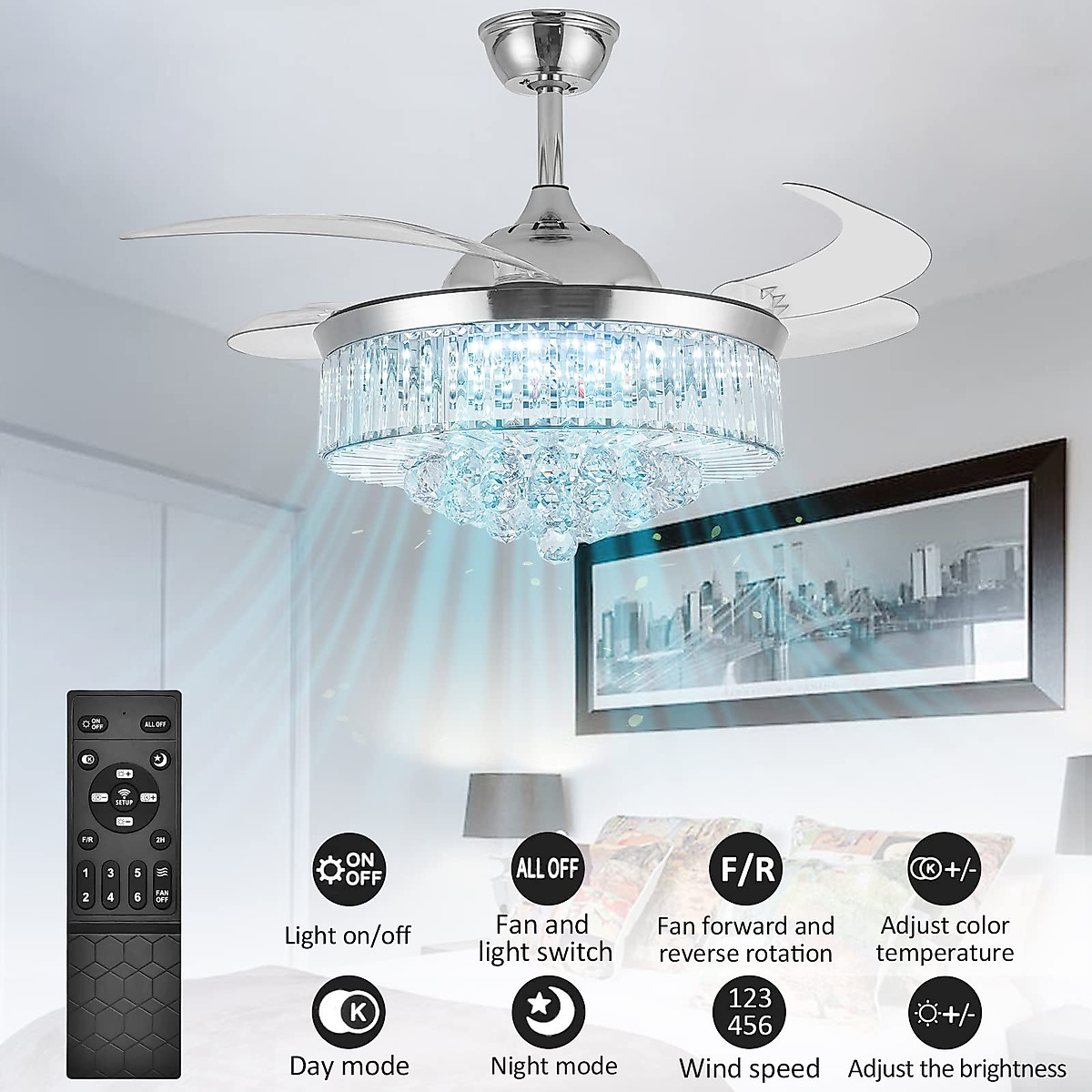Panghuhu88 42" Invisible Ceiling Fan Chandelier Light,Modern Crystal Ceiling Fan Light Remote Control 4 Retractable ABS Blades for Bedroom Living Room Dining Room Decoration