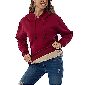 Haellun Womens Casual Winter Warm Fleece Sherpa Lined Pullover Hooded Sweatshirt (Red, Medium)