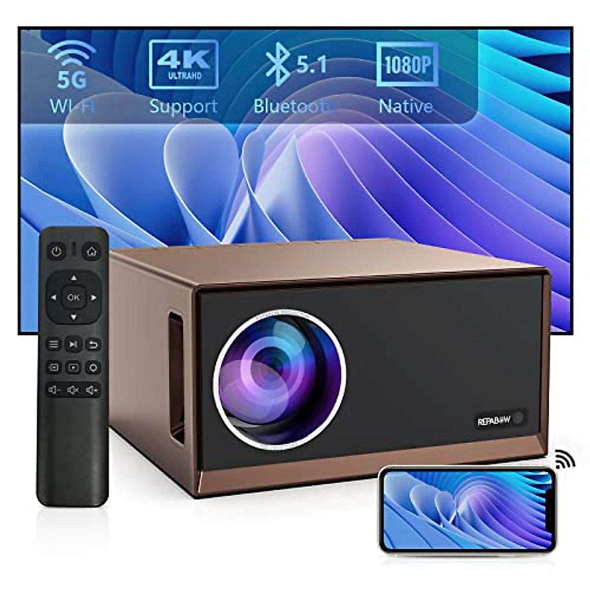 Projector with WiFi and Bluetooth, REPABOW Outdoor Projector 4K Movie Projector Native 1080P Projectors 5G WiFi Home Theater Projector for iOS/Android/Windows/TV Stick/HDMI/Phon/PC/ PS4/ PS5