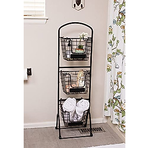 BIRDROCK HOME 3-Tier Wire Market Basket Stand with Chalk Label - Snack Fruit Vegetable Produce Metal Hanging Storage Bin for Kitchen Pantry - Free-Standing or Stacking Organizer - Black