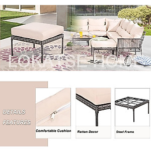 LOKATSE HOME 2 Piece Outdoor Footstool Patio Ottoman with Soft Thick Cushion for Garden Yard Deck Sunroom, Beige