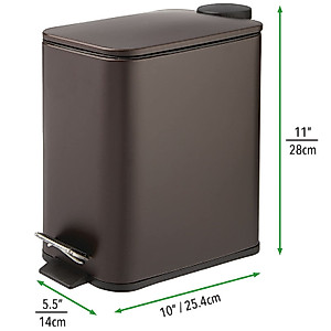 mDesign Slim Metal Rectangle 1.3 Gallon Trash Can with Step Pedal, Easy-Close Lid, Removable Liner - Narrow Wastebasket Garbage Container Bin for Bathroom, Bedroom, Kitchen, Office - Bronze