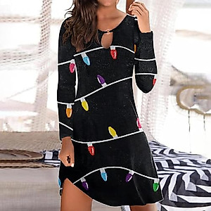 Women's Christmas Tree Printed Tunic Dress Long Sleeve Crewneck Casual Swing Loose T-Shirt Dress 2024 Fall Outfits Womens Plus Size Party Dress Women Dresses for Wedding Black B