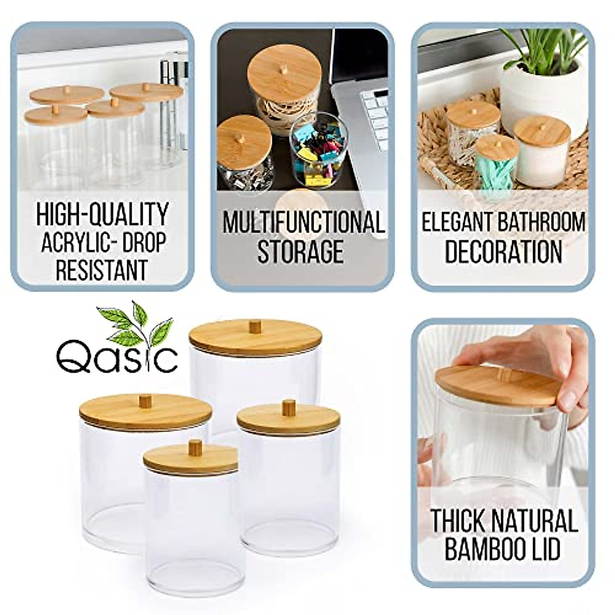 Qasic Crystal Acrylic Apothecary Jars with Lids. 4pc Set 20oz and 10oz Bathroom Organization Containers. Cotton Ball Holder, Cotton Swab Qtip Holder, Hair Accessories, Bath Salt, Decor or Candy Jar!