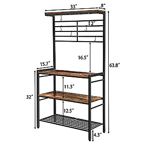 HOOBRO Bakers Rack, Microwave Stand, Kitchen Storage Shelf Rack with Hooks, Coffee Bar, 4 Shelves and Mesh Panel, Adjustable Feet, for Kitchen, Living Room, Coffee Station, Rustic Brown BF01HB01