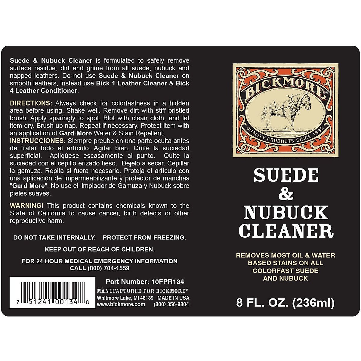 Bickmore Suede & Nubuck Cleaner - Remove Water Dirt Oil Stains From Shoes Boots Purses Handbags & More 8 fl oz