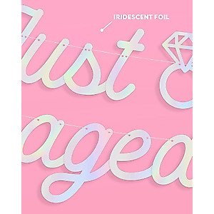 xo, Fetti Just Engaged Iridescent Foil Banner - 5 Ft. | Engagement Party Decoration, Diamond Ring Proposal Decor, Bachelorette Backdrop, Bride To Be Photobooth, Bridal Shower Supplies