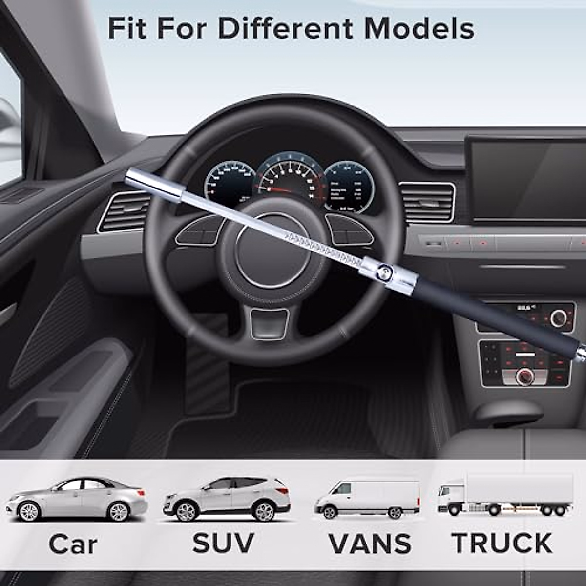 Anti Theft Steering Wheel Lock, Retractable Wheel Locks, Universal Adjustable Car Theft Prevention Device with 3 Keys and Safety Hammer Fit for All Type of Cars