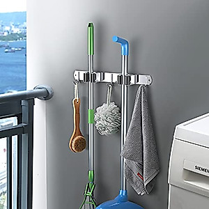 Bugu Bird Broom organizer wall mount，2pcs Mop and Broom Holder Wall Mount ,broom hanger ,Stainless Steel Heavy Duty Hooks Self Adhesive Hanger for Home Goods（ Grey
