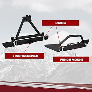 HECASA Front & Rear Bumper Compatible With 1987-1996 Jeep Wrangler YJ 1997-2006 Wrangler TJ W/Tire Carrier and D-Rings Powder Coated Steel Black(3 packages)