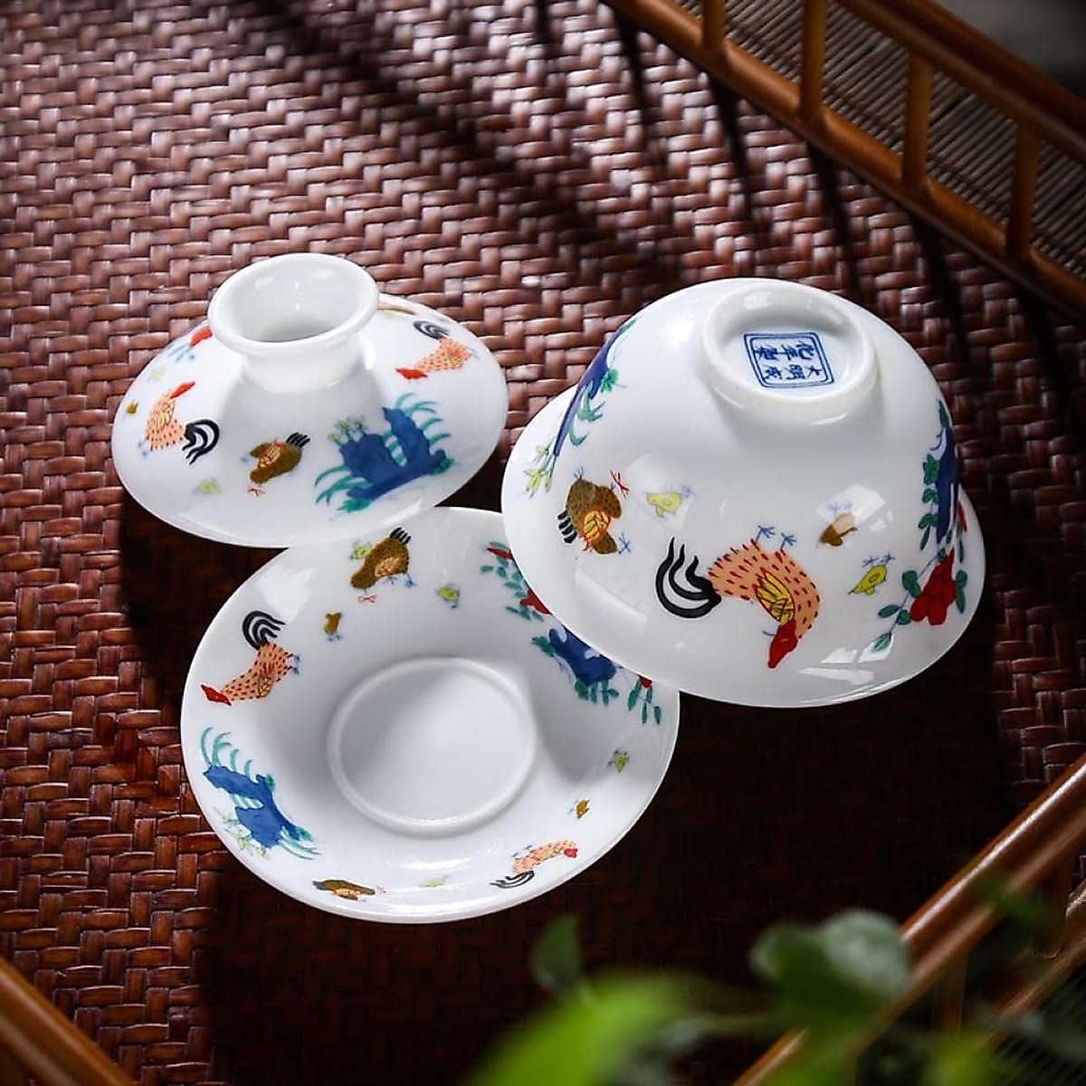 Bicuzat Funny Chicken Rooster Pattern Gaiwan Tea Cup, Kung Fu Teacups, 5 oz Cup and Saucer Set with Lid