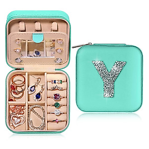 Parima Travel Jewelry Case Box - Small Organizer Holder Necklace Ring Earrings Essential Personalized Birthday Gifts for Women Teenage Teen Girl Her Mom Teacher Initial Y, Blue