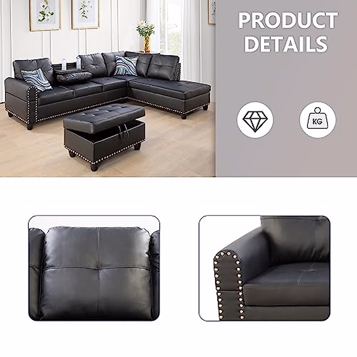 GEBADOL Living Room Furniture Sets,Small Leather Sectional Sofa,L Shaped Couch with Cup Holder and Ottoman(Right-Facing,Black Leather Sofa)