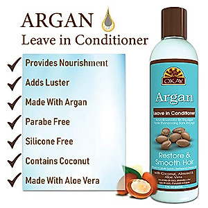 OKAY | Argan Leave In Conditioner | For All Hair Types & Textures | Restore, Hydrate & Smooth Hair | With Coconut, Almond, & Aloe Vera | Free Of Parabens, Silicones, Sulfates | 8 Oz