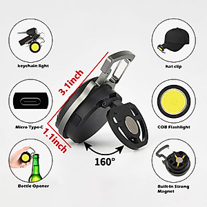 PRONORO LED COB Small Flashlights, 2 Pack Bright Rechargeable Keychain Flashlights, 4 Light Modes Portable Pocket Light with Folding Bracket Bottle Opener and Magnet Base for Camping, Emergency