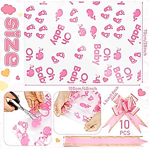 12 Pcs Extra Large Baby Shower Basket Bags with 10 Bows Ribbon 28 x 40 Inch Large Cellophane Bags Baskets Empty Bags Jumbo Cellophane Wrap for Gift, Presents, Baby Shower (Pink Elephant Patterns)
