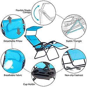 Goplus Zero Gravity Chairs, X-Large Folding Lounge Lawn Chair w/Canopy Shade & Cup Holder, Adjustable Folding Patio Recliner for Pool Porch Deck Oversize (Blue)
