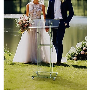 Acrtmatic Acrylic Clear Rolling Wheel Podium Stand, 47-inch Modern Lectern & Podium with Storage Shelf for Church, Speech，Classroom, Wedding, Concert. (23.6" L x 15.7" W x 47.2" H)