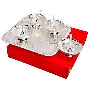 PARIJAT HANDICRAFT Silver Plated Brass Bowl Set with Tray - Pack of 9