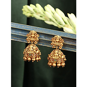 Priyaasi Golden Traditional Indian Jhumka Earring for Women | Goddess Design | Kemp Stone-Studded | Gold Plated | Pushback Closure | Bridal Earring for Wedding & Puja