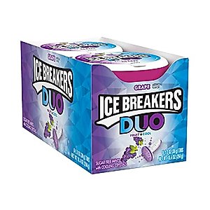 ICE BREAKERS DUO Grape Flavored Fruity and Cooling, Sugar Free Sugar Free Breath Mints Tins, 1.3 oz (8 Count)